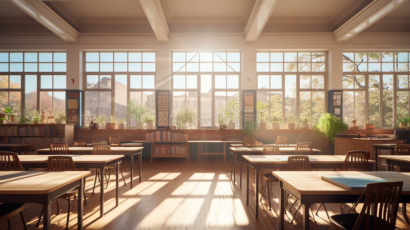 Classroom with Sunlight Streaming through Large Windows, Highlighting ...
