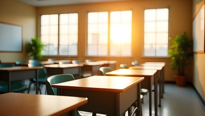Classroom during Sunset with Warm Light Highlighting Rows of Empty ...