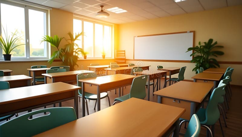 Classroom during Sunset with Warm Light Highlighting Rows of Empty ...