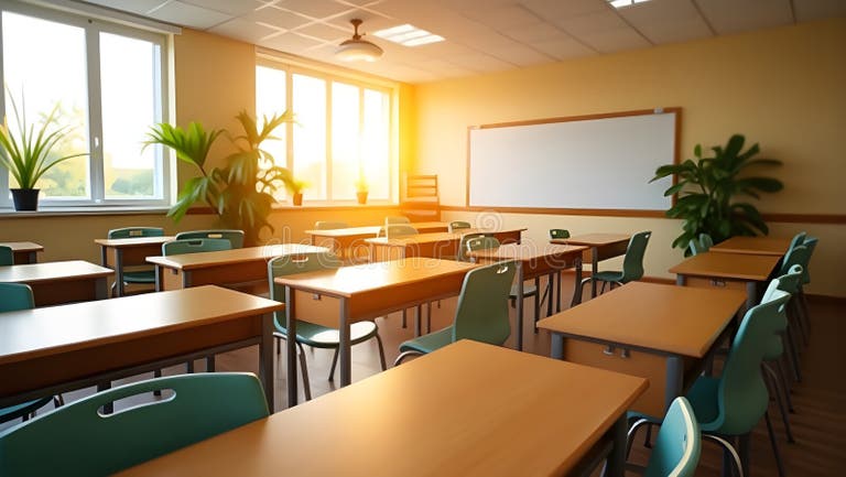 Classroom during Sunset with Warm Light Highlighting Rows of Empty ...