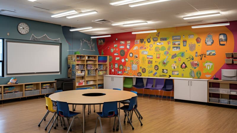 A Classroom with a Table, Chairs, and a Projector Screen Stock ...