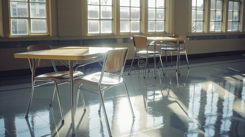 A Classroom with Tables and Chairs Arranged in Rows. Sunlight Streams ...