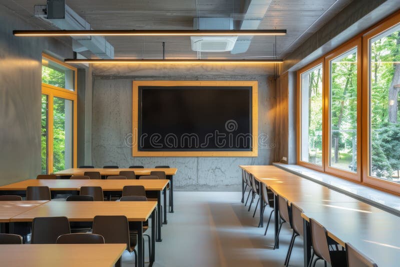 A Classroom with Tables, Chairs, and a Large Screen on the Wall Stock ...