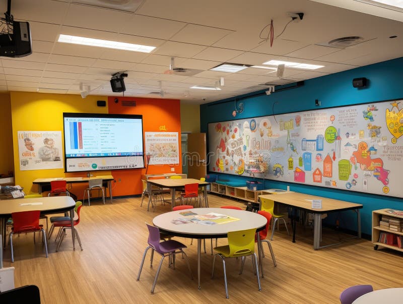 A Classroom with Tables, Chairs, and a Projector Screen Stock ...