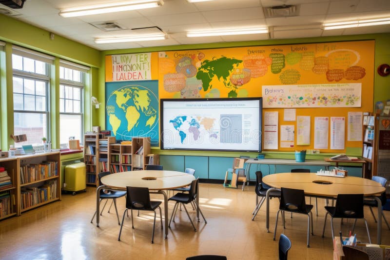 A Classroom with Tables, Chairs, and a Projector Screen Stock ...