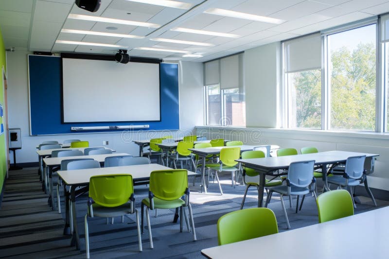 A Classroom with Tables, Chairs, and a Projector Screen, a Lush, Modern ...