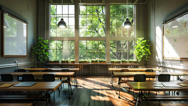 A Classroom with Tables and Chairs and Windows Stock Image - Image of ...