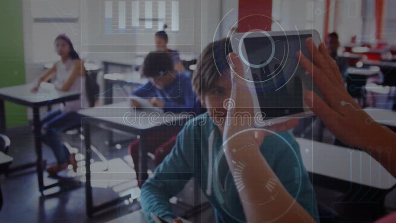 Classroom Teacher Scanning Student with Tablet Data Overlay for ...