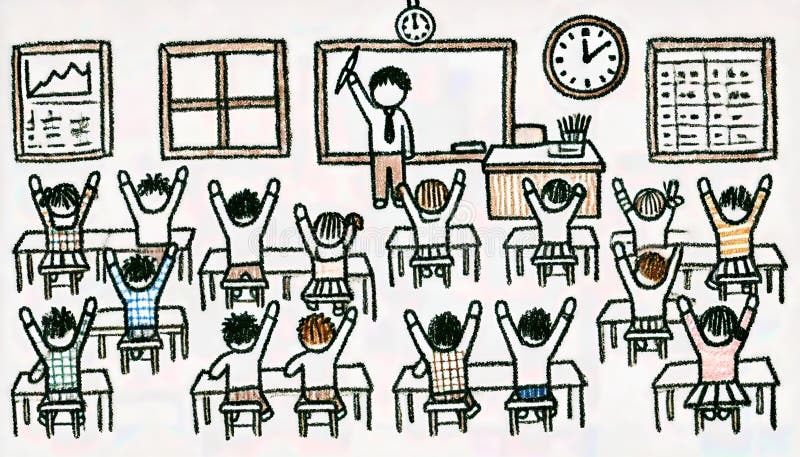 Classroom with Teacher and Students Raising Hands Stock Illustration ...