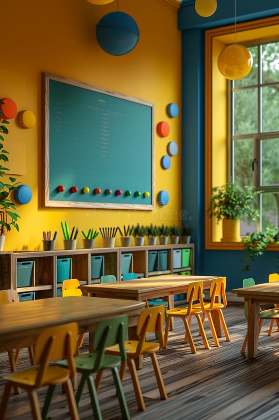 Classroom with Themed Bulletin Boards for Decoration Flat Design Side ...