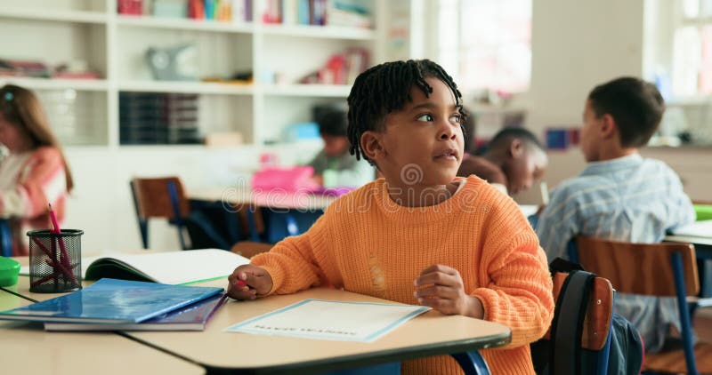 Classroom, Thinking and Child Frustrated for Writing Answer in Test ...