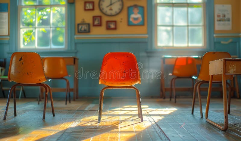 A Classroom with Three Orange Chairs and a Clock on the Wall. the ...