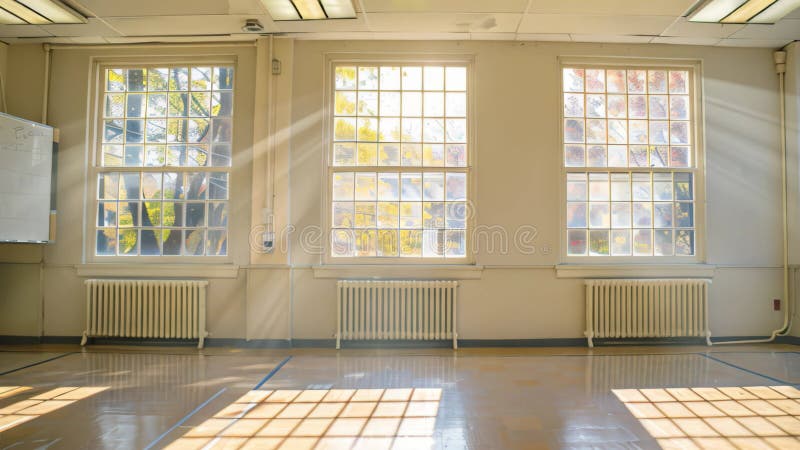 Classroom with Three Windows and Projector Screen, a Classroom Filled ...