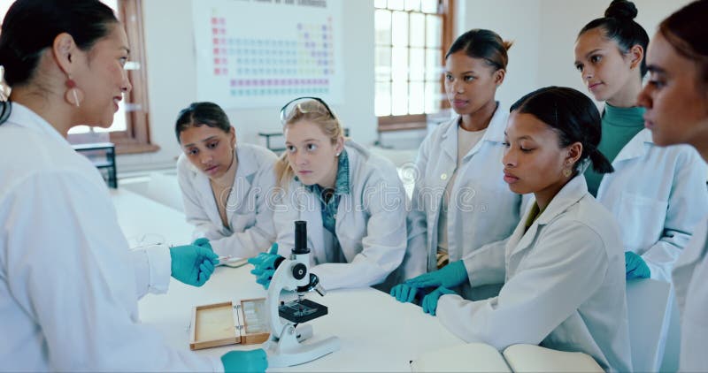 Classroom, University and Professor with Students, Science and Research with Conversation ...