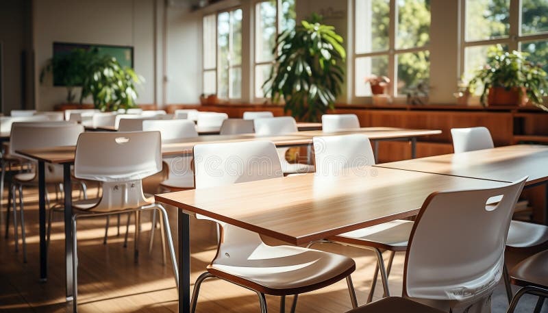 Classroom with White Rows of Empty Chairs and Tables. View of an Empty ...
