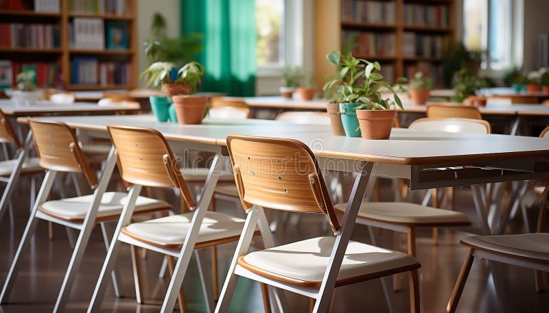 Classroom with White Rows of Empty Chairs and Tables. View of an Empty ...