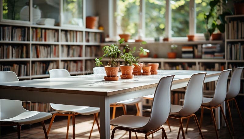 Classroom with White Rows of Empty Chairs and Tables. View of an Empty ...