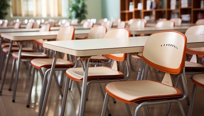 Classroom with White Rows of Empty Chairs and Tables. View of an Empty ...