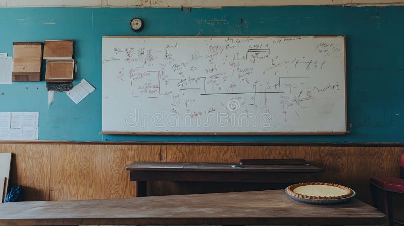 Classroom Whiteboard Equations, Pie, Desk, Abandoned School Stock Image ...