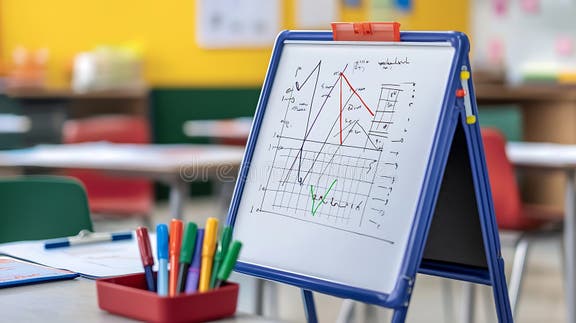 Classroom Whiteboard with Graph, Markers, and Desks Stock Photo - Image ...