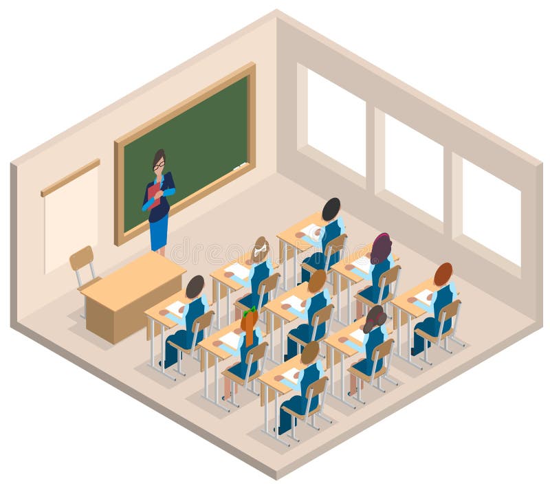 Classroom Woman Teacher and Children. Isometric Interior Stock Vector ...