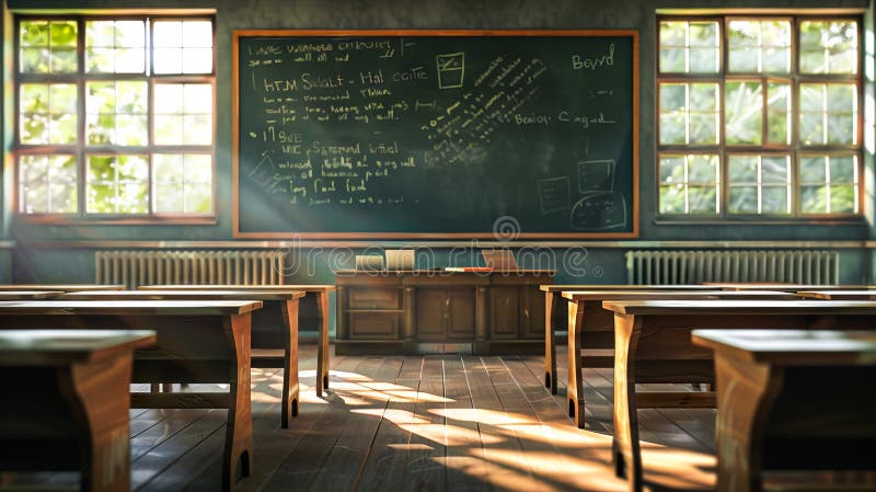 A Classroom with Wooden Desks and a Chalkboard Stock Photo - Image of ...