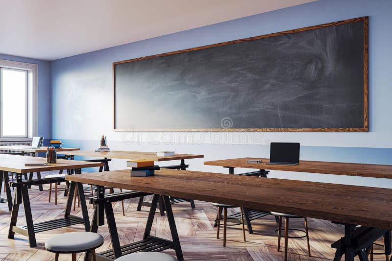 Classroom with Wooden Desks, Large Chalkboard, and Window Light. 3D ...