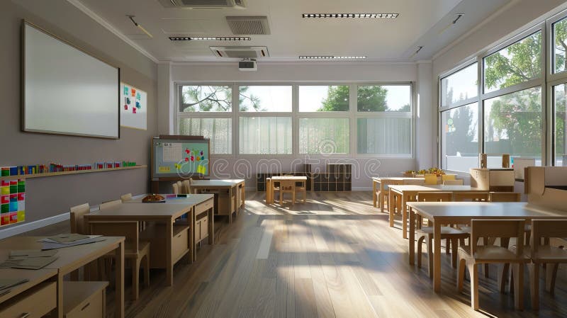 A Classroom with Wooden Tables and Chairs Stock Image - Image of tables ...