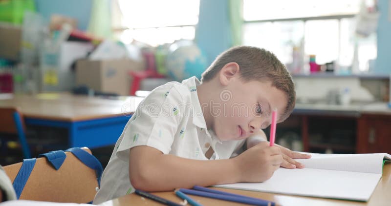 Classroom, Writing and Boy with Book, Education and School with ...