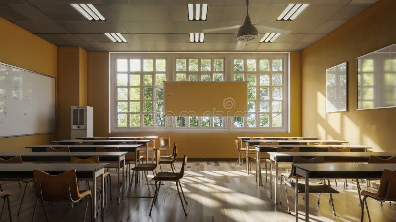 A Classroom with Yellow Walls and Windows Stock Photo - Image of design ...