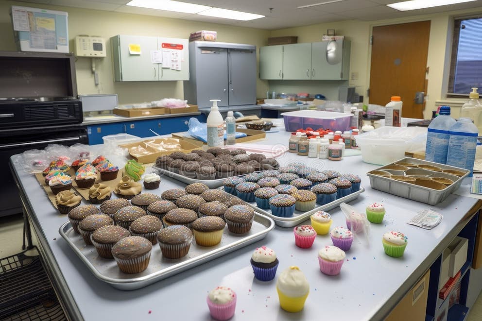 Classroom of Young Students, with Cupcakes and Supplies for Baking ...