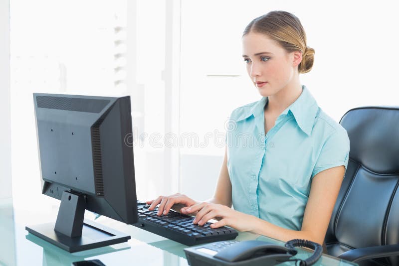 Classy Calm Businesswoman Working at Computer Stock Photo - Image of ...