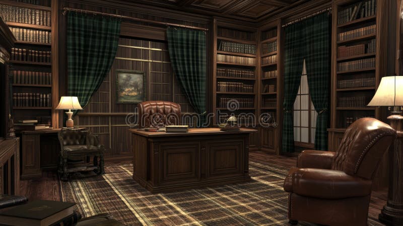 Classy Dark Wood Study Room Equipped with Bookcases and a Desk Stock ...
