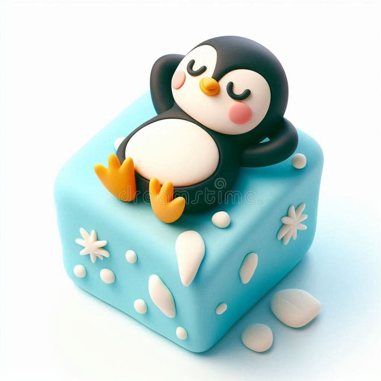 Classy Figure Penguin Sleeping on Ice Cube on White Background Stock ...