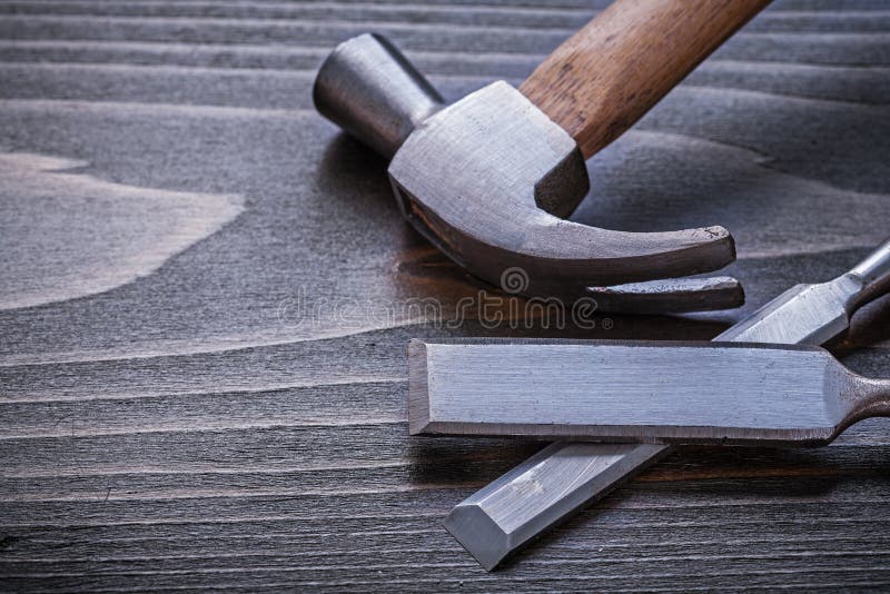 Claw Hammer and Flat Chisels on Vintage Wood Board Stock Photo - Image ...