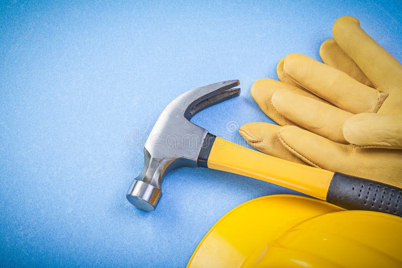 Claw Hammer Protective Gloves Building Helmet on Blue Background Stock ...