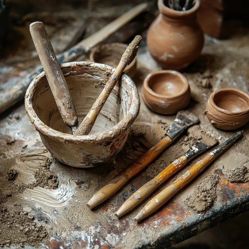 Clay-covered Pottery Tools and Ceramic Bowls on a Messy Worktable Stock ...