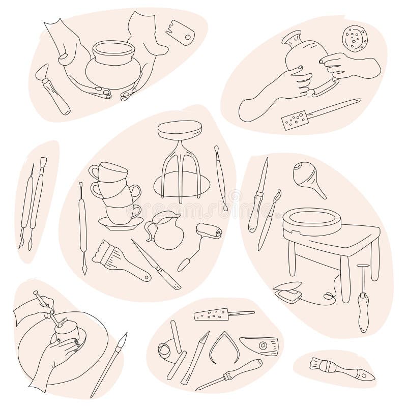 Clay Crafting Set in Doodle Style.Pottery Modeling and Sculpture Tools ...