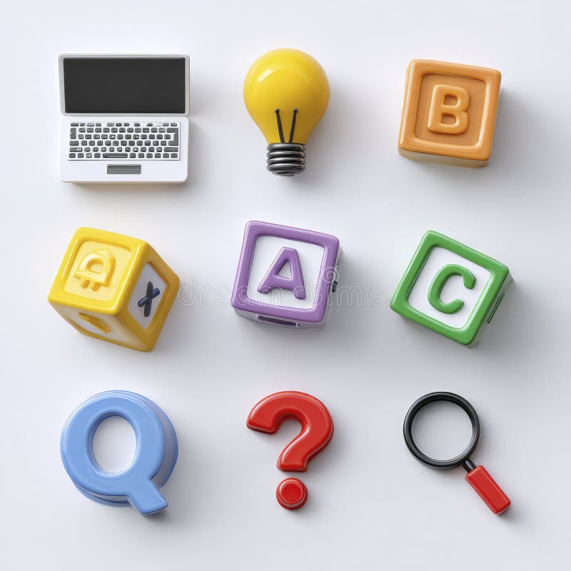 Clay 3D Icons for E-learning: Laptop, Light Bulb, ABC Blocks, Question ...