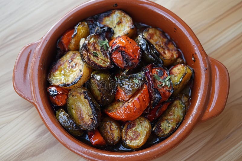 A Clay Dish Filled with Roasted Vegetables, Styled on a Light Wooden ...