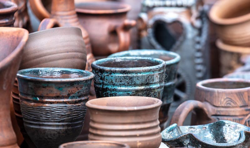 Clay dishes on a counter stock photo. Image of vintage - 183709396