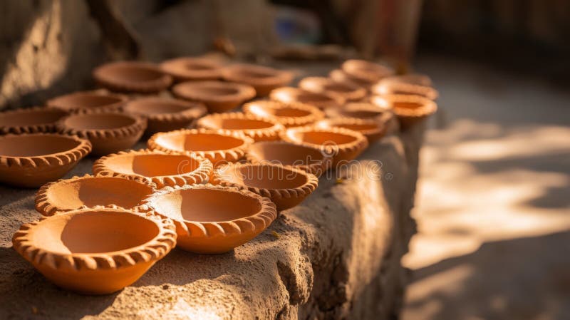 Clay Diya Lamps Aligned in a Row Stock Illustration - Illustration of ...