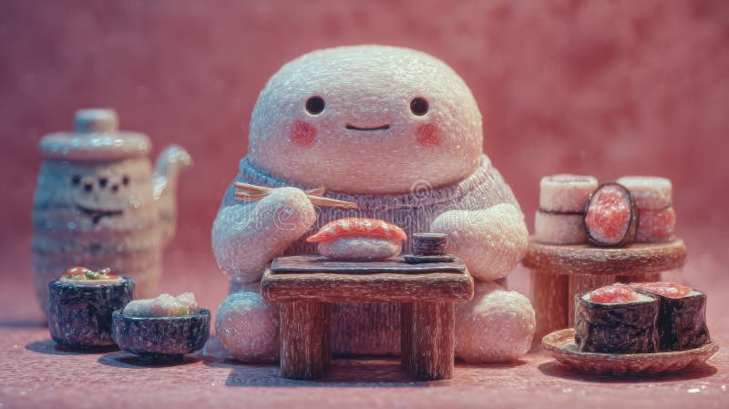 Clay Doodle Character Eating Sushi at a Tiny Table, Stock Illustration ...