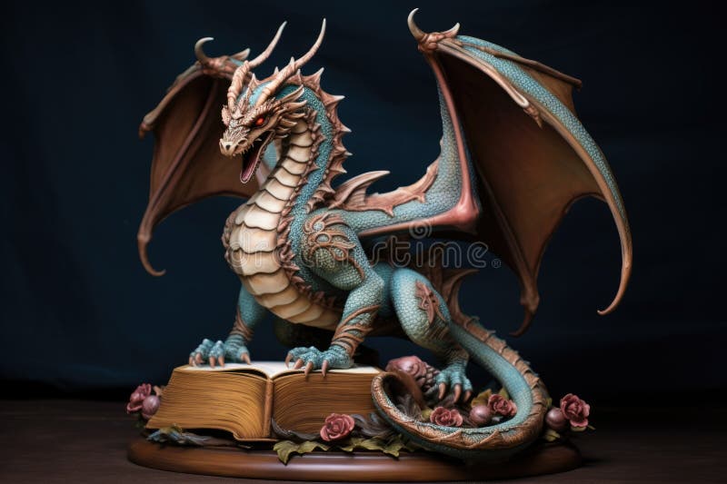 A Clay Dragon Model Standing on an Open Fantasy Book Stock Photo ...