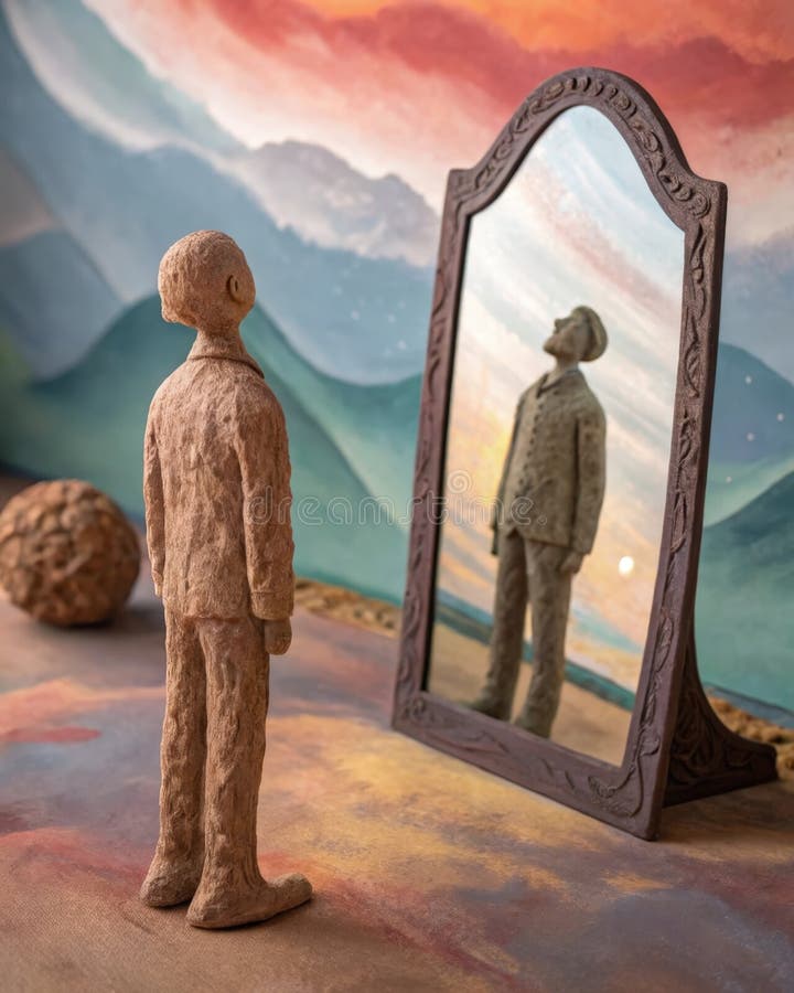 A Clay Figure Standing in Front of a Distorted Mirror Gradually ...