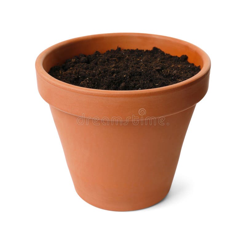Clay Flower Pot with Soil Isolated on White Stock Image - Image of ...