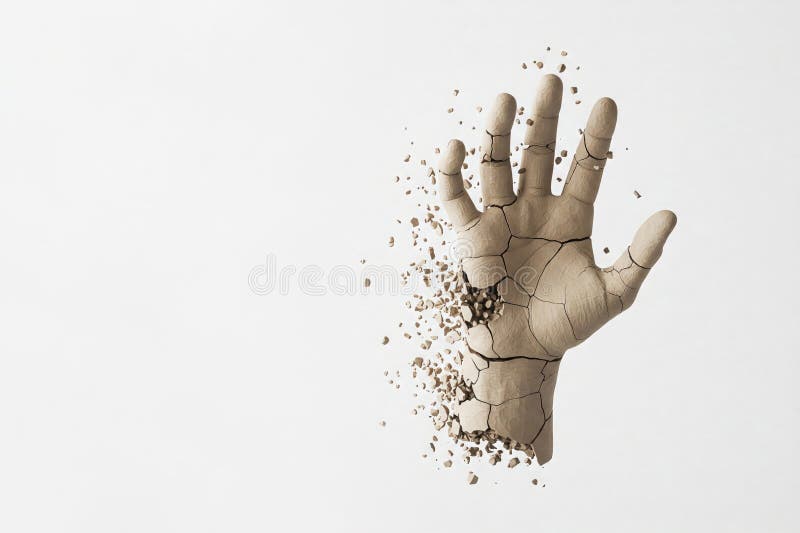 A Clay Hand Crumbling on a Light Background. Space for Text. Stock ...