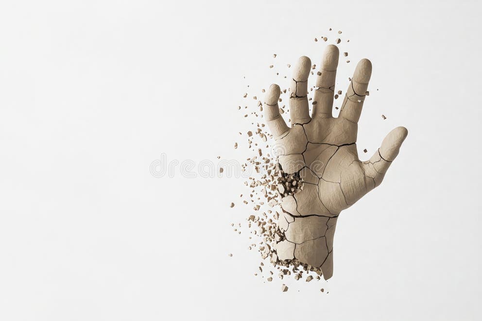 A Clay Hand Crumbling on a Light Background. Space for Text. Stock ...