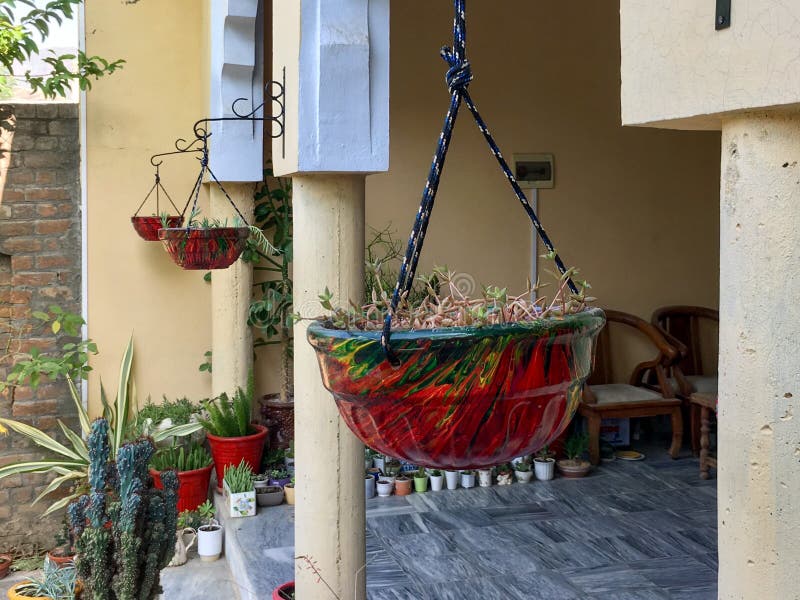 Clay Hanging Pots Closeup View Stock Image - Image of garden, hanging ...