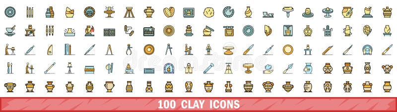 100 Clay Icons Set, Color Line Style Stock Illustration - Illustration ...